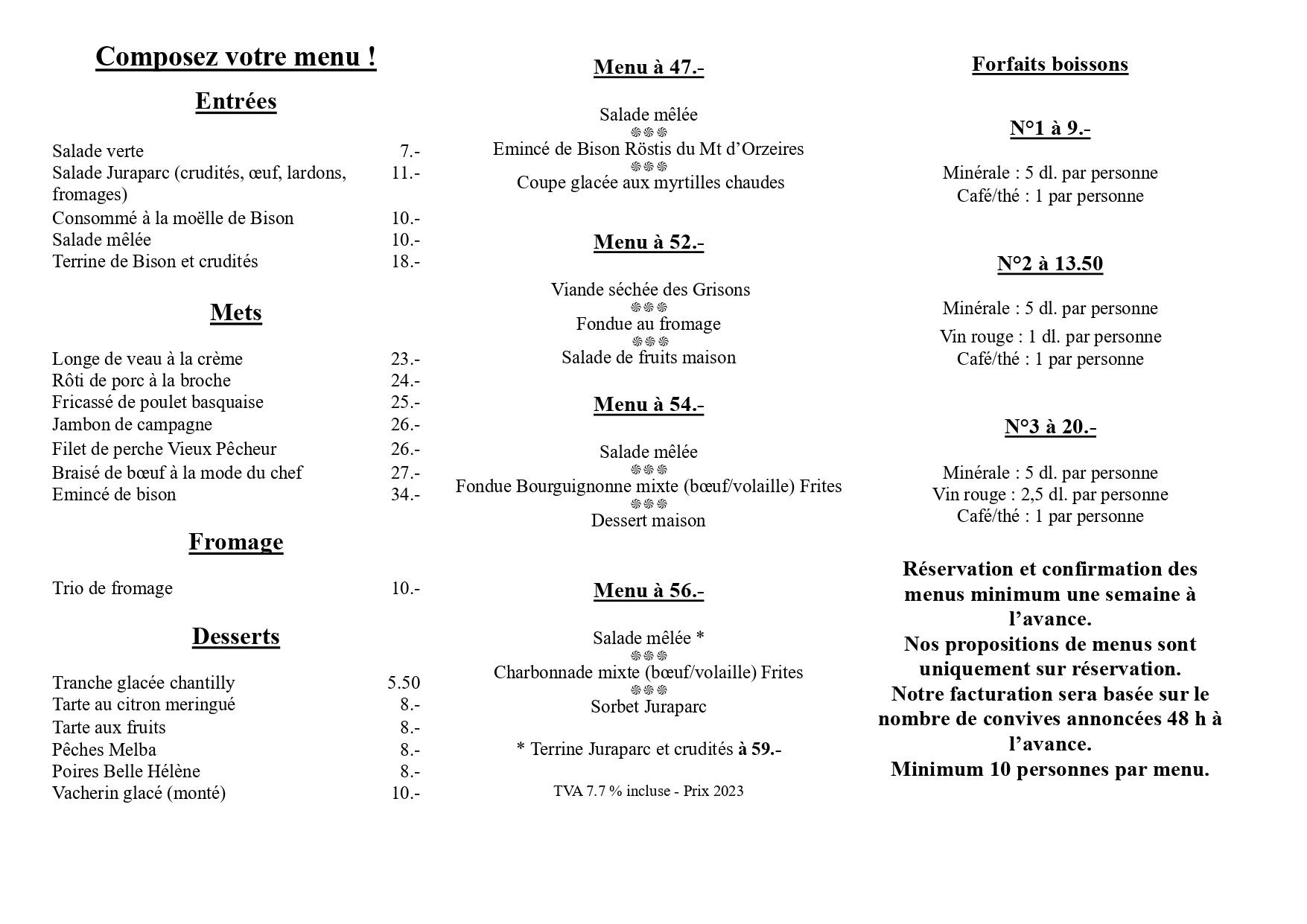 Menus pour groupes - Juraparc