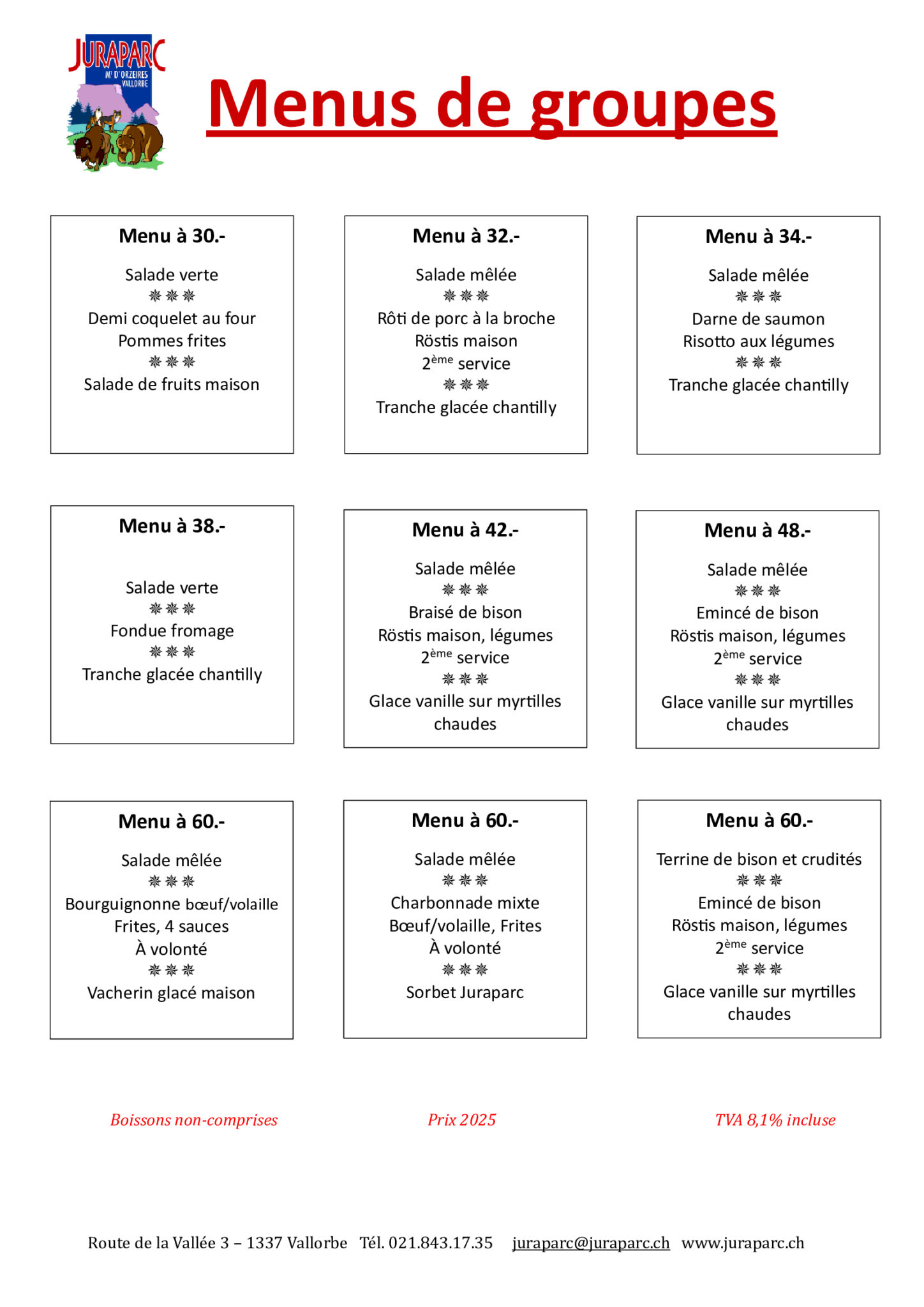 Menus pour groupes - Juraparc